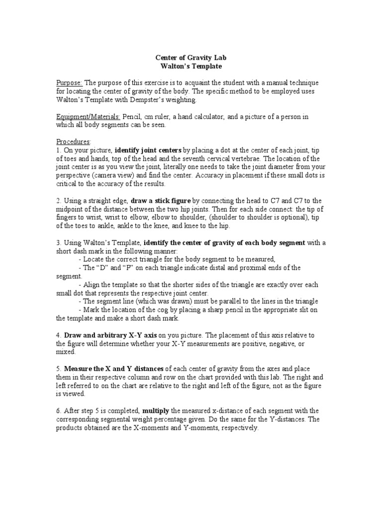 Center of Gravity Lab Walton's Template | PDF | Center Of Mass ...