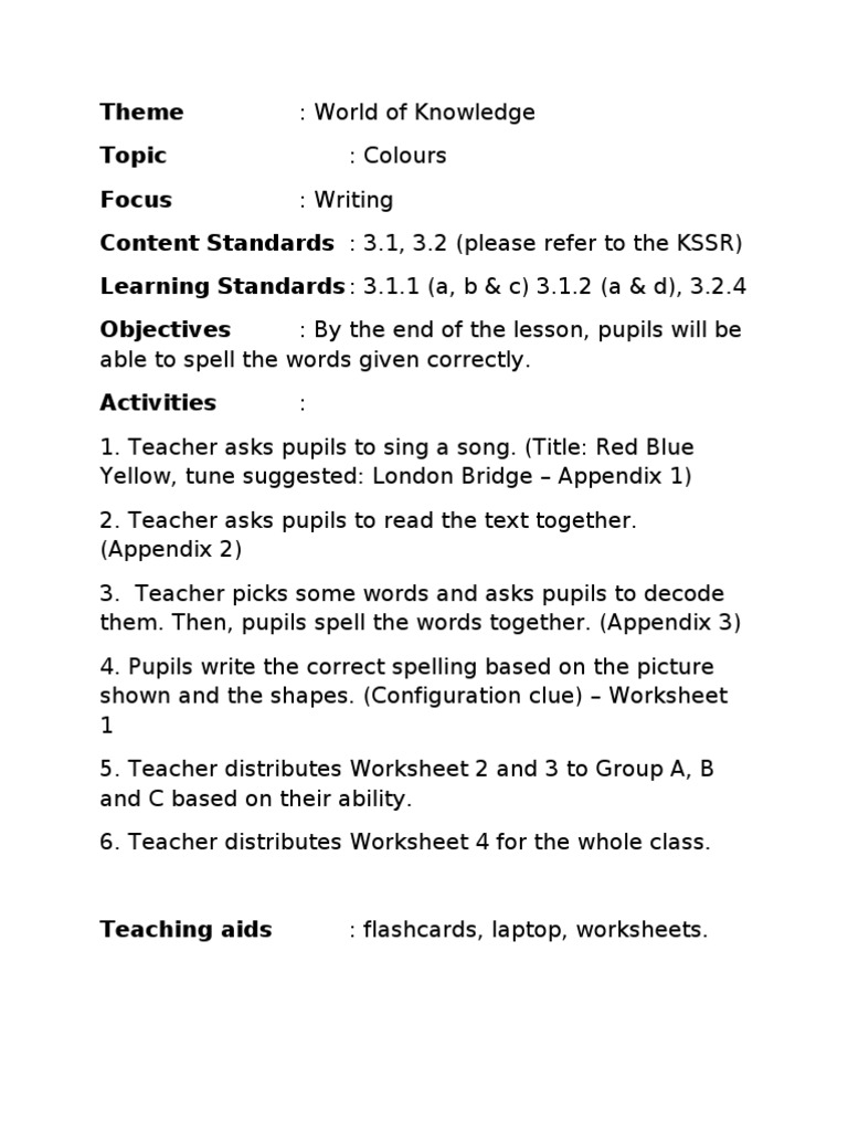 LP KSSR Bi | PDF | Yellow | Lesson Plan