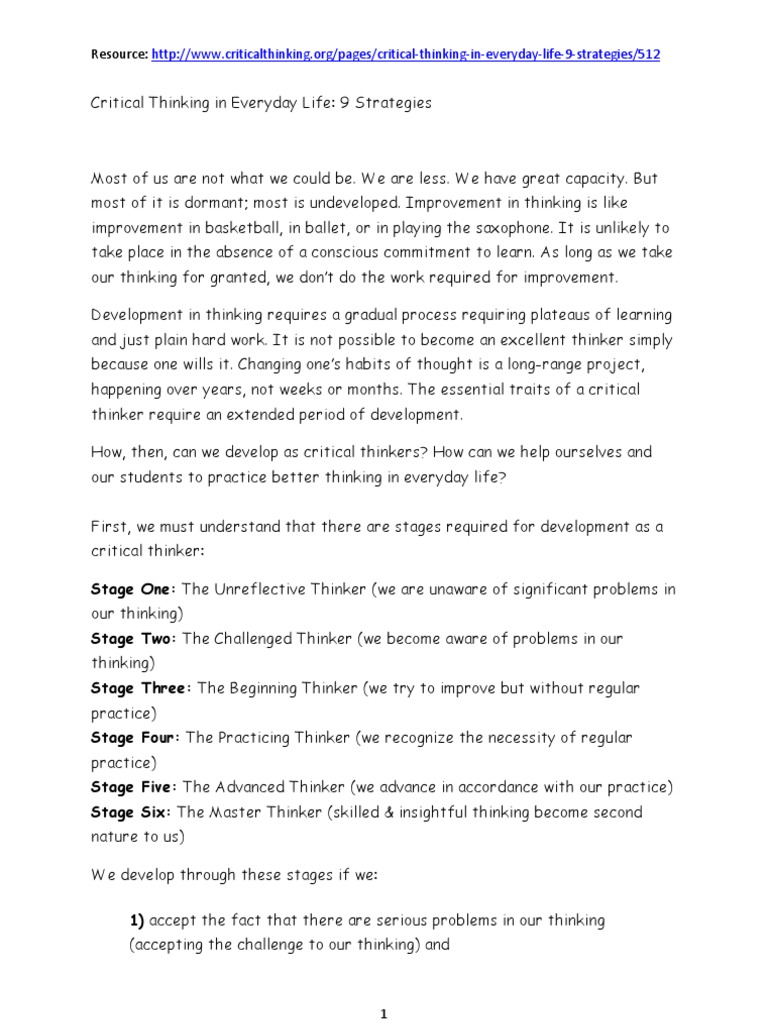 Critical Thinking in Everyday Life | PDF | Thought | Critical Thinking