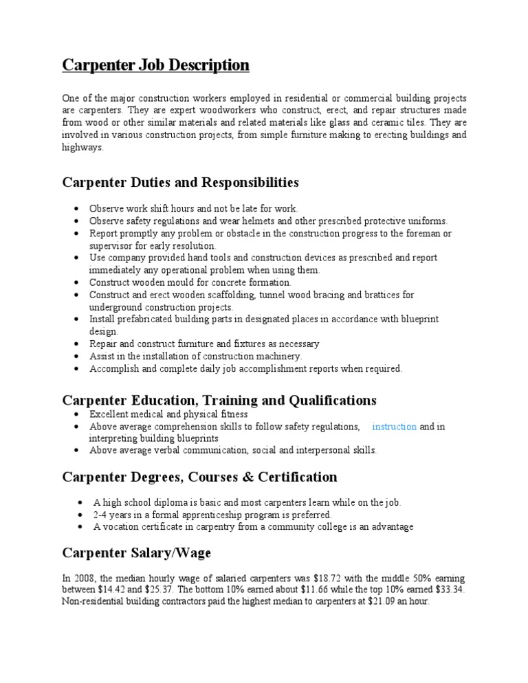 Carpenter Job Description Summary | PDF
