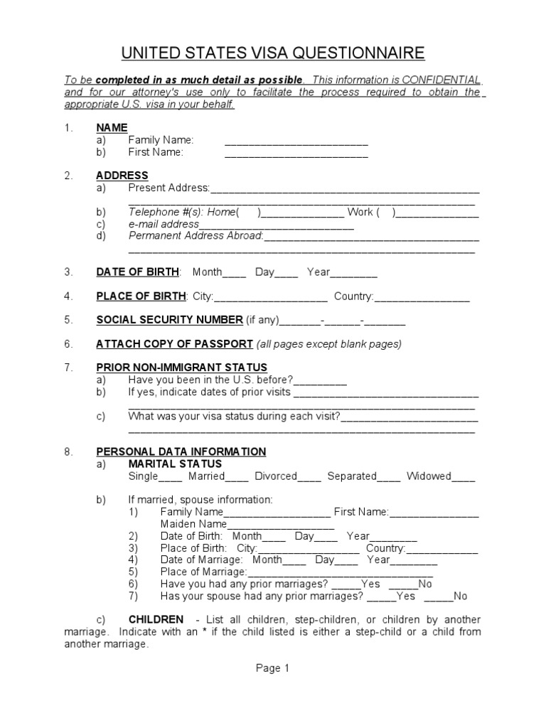 US Visa Questionnaire | PDF