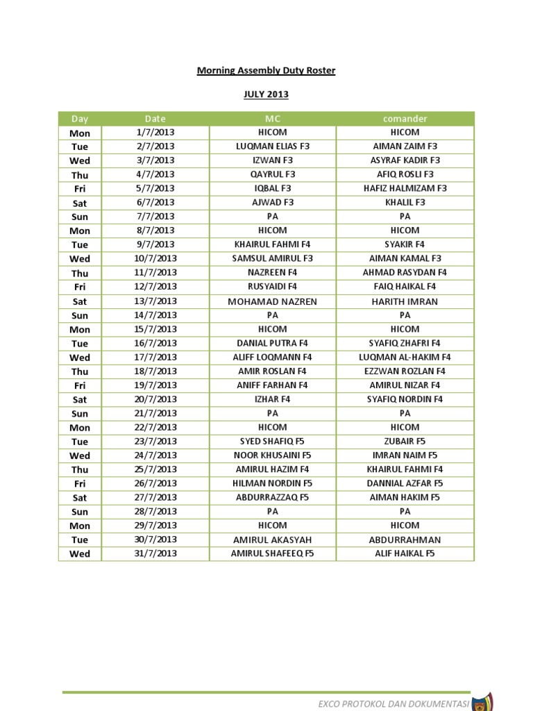 July 2013 Morning Assembly Roster | PDF