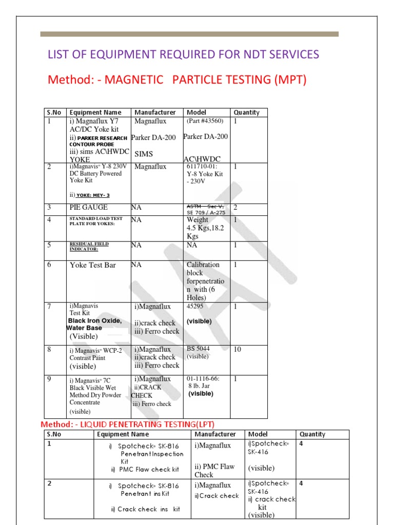 List of Equipment Rev01 | PDF | Battery Charger | Nondestructive Testing