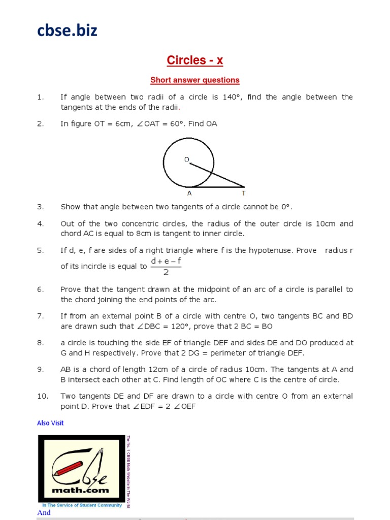 Circle Geometry Short Answer Questions | PDF
