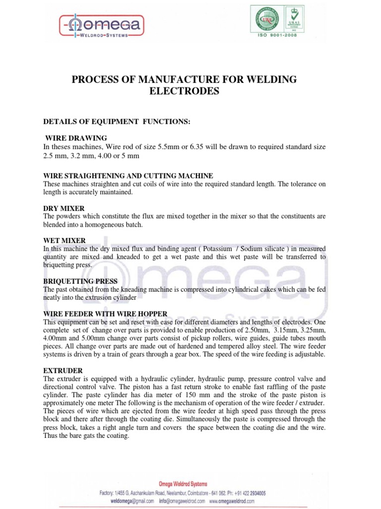 Process of Manufacturing For Welding Electrodes | PDF | Extrusion | Welding