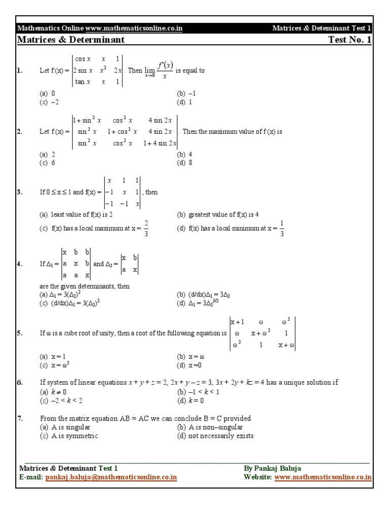 Matrices & Determinant Test No. 1 | PDF | Sine | Matrix (Mathematics)