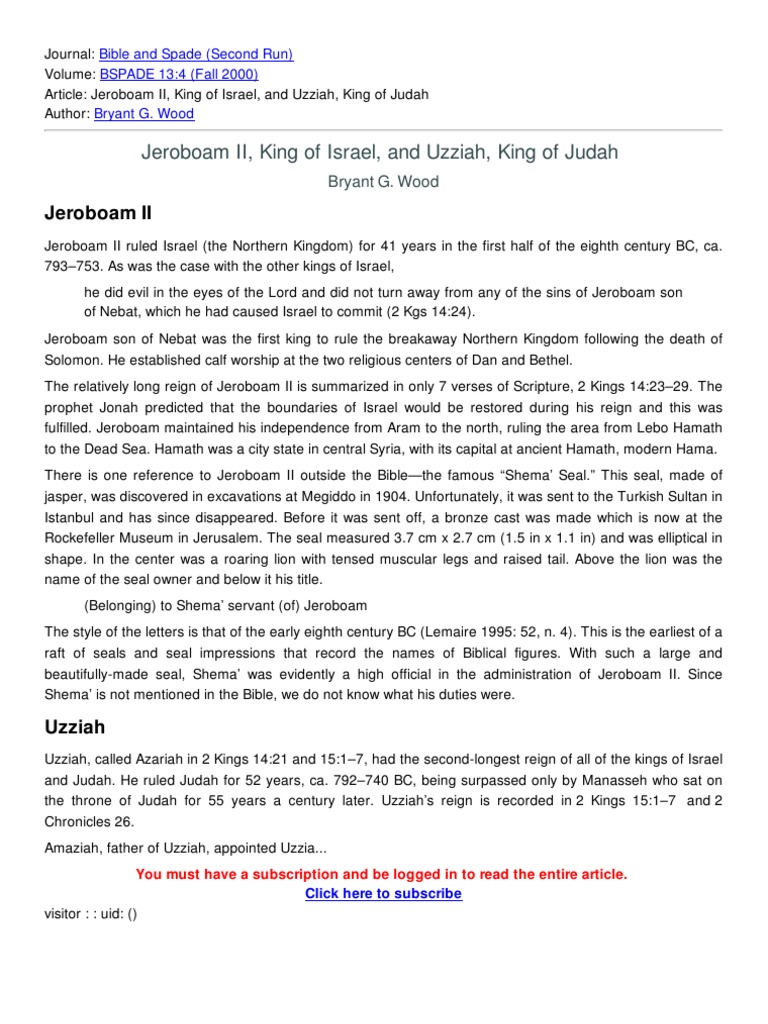 Jeroboam II, King of Israel, and Uzziah, King of Judah - by Bryant G ...