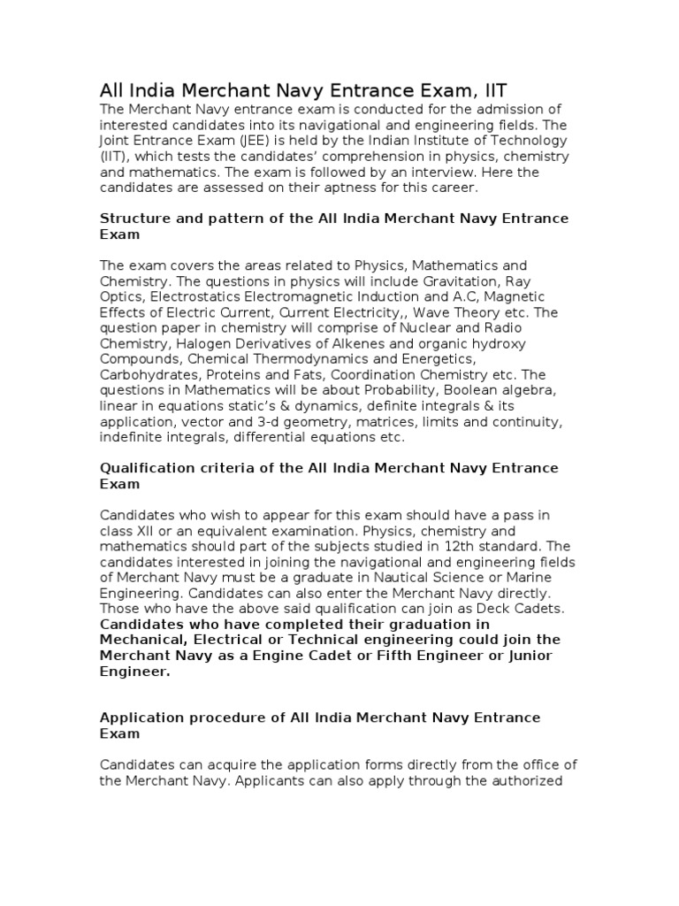 Merchant Navy Entrance Exam Overview | PDF | Test (Assessment) | Physics