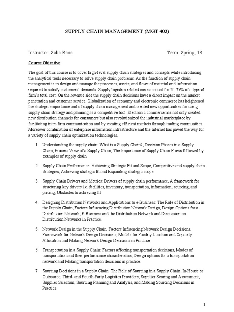 Supply Chain Management Final Course Outline | PDF | Supply Chain ...