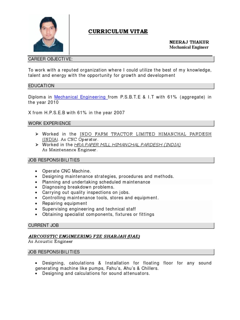 Curriculum Vitae: Neeraj Thakur Mechanical Engineer | PDF