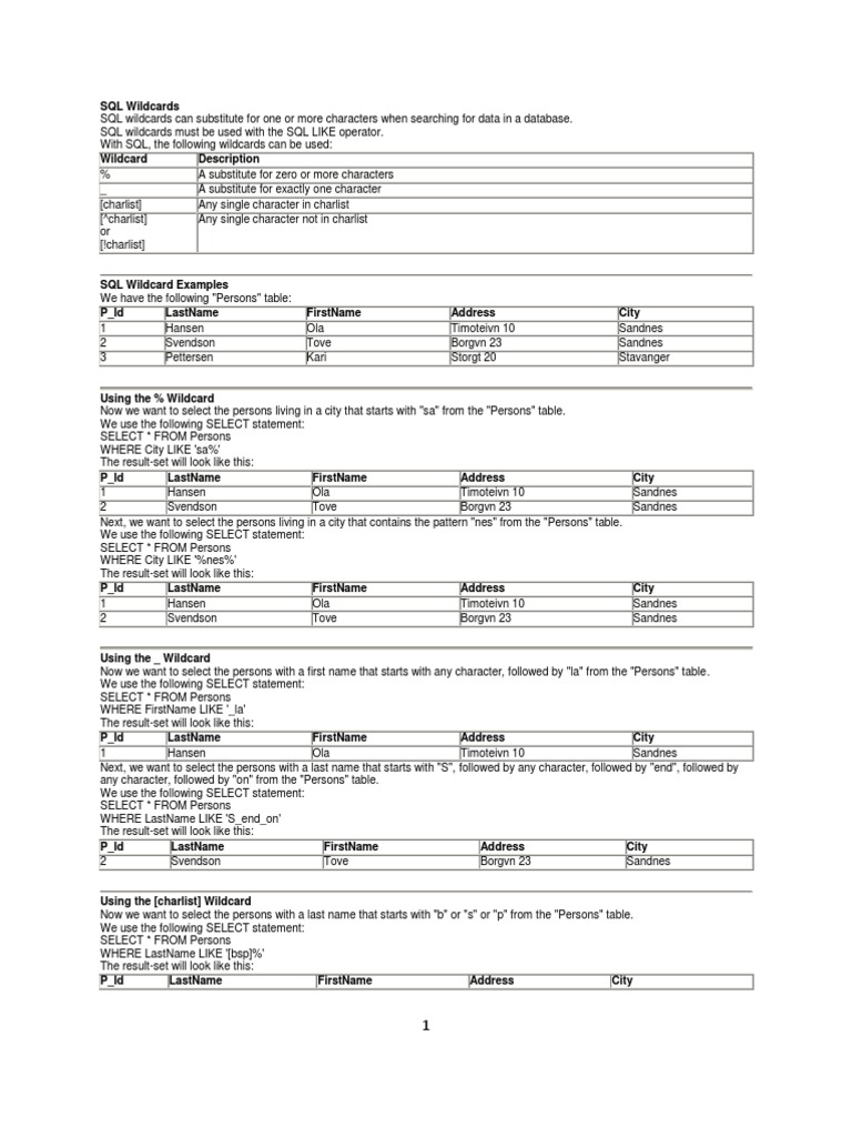 SQL Wildcards | PDF | Database Index | Sql