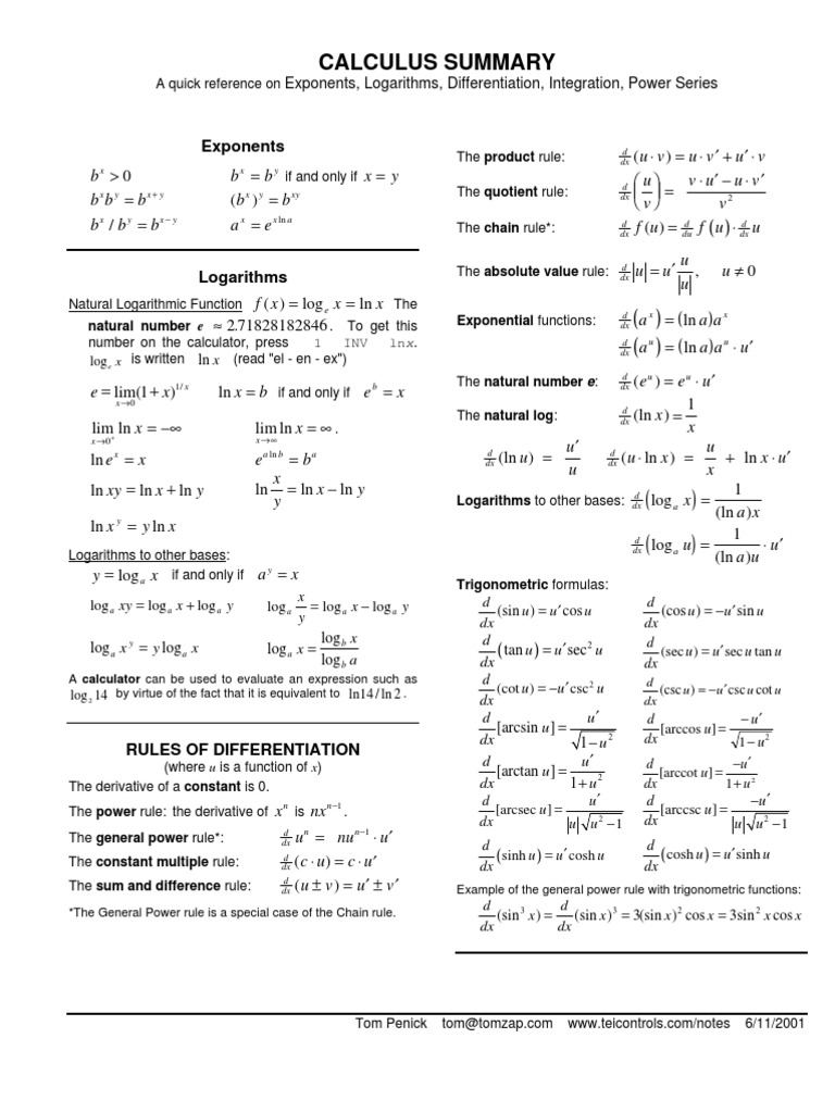 Calculus Summary | PDF | Logarithm | Sine