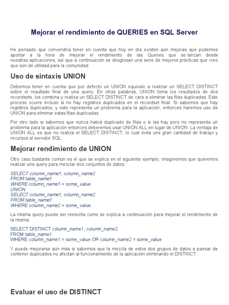 Mejorar El Rendimiento de QUERIES en SQL Server | PDF | SQL | Servidor SQL de Microsoft