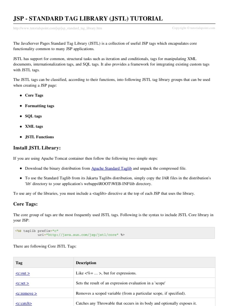 JSP Standard Tag Library | Download Free PDF | Sql | Java Server Pages