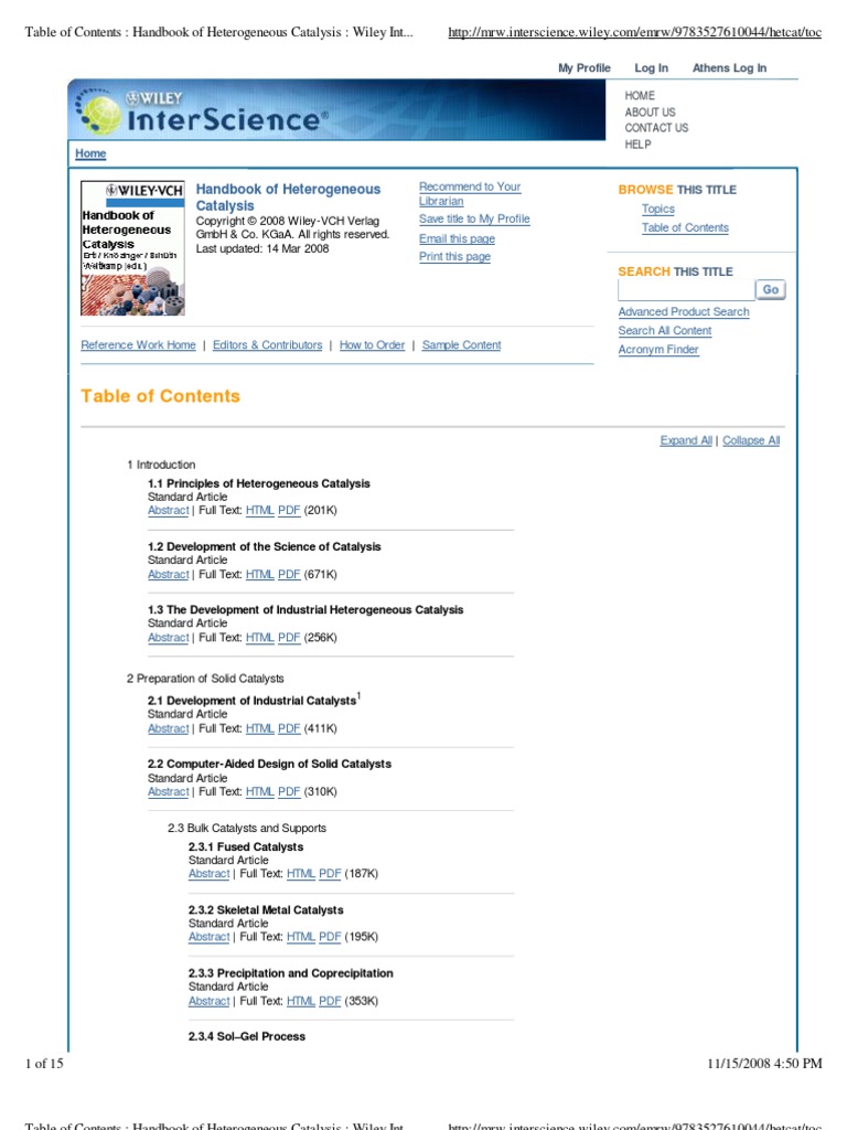 Handbook of Heterogeneous Catalysis TOC | PDF | Catalysis | Cracking ...