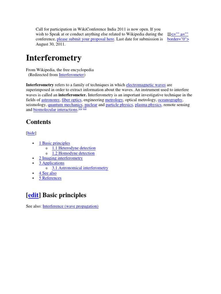 Interferometry: Interferometry Refers To A Family of Techniques in Which | PDF | Interferometry ...