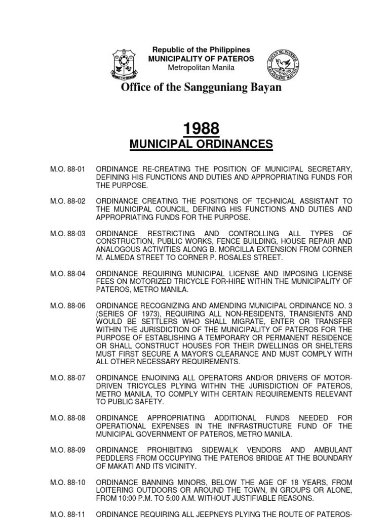 Municipal ORDINANCE (Pateros) 1988 2006 | Metro Manila | Local Ordinance