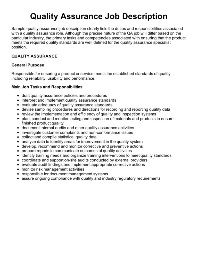 Quality Assurance Job Responsibilities | PDF