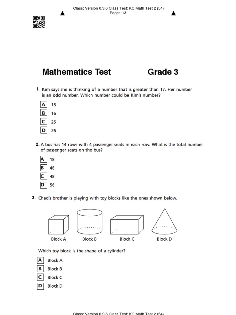 Mathematics Test Grade 3: Class: Version 0.9.6 Class Test: KC Math Test ...