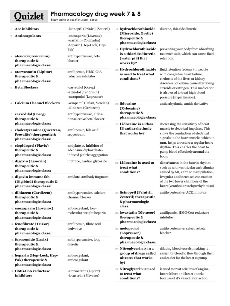 Pharmacology Study Guide Covering Drug Classes, Mechanisms of Action ...