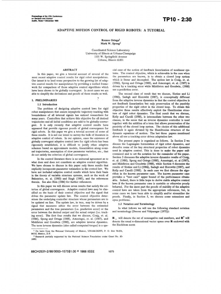 (1989 R. Ortega, M.W. Spong) Adaptive Motion Control of Rigid Robots - A Tutorial | PDF ...