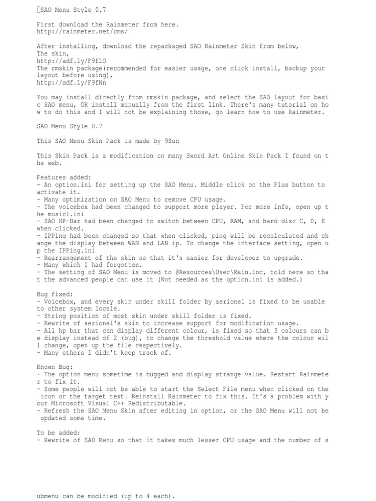 SAO Menu Skin 0.7 Patch Notes | PDF | Icon (Computing) | Menu (Computing)