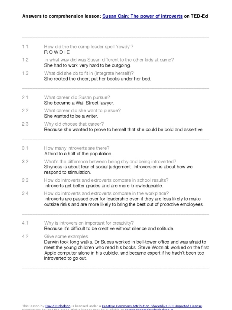 Key To Susan Cain Video Comprehension | PDF | Extraversion And ...