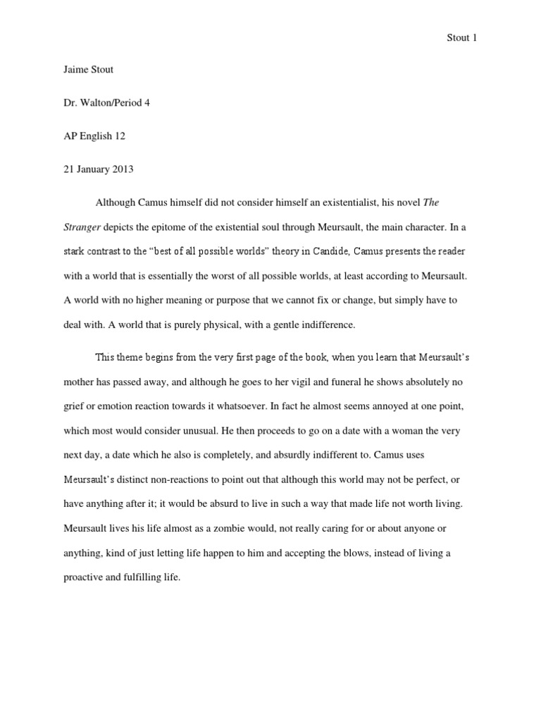 The Stranger Essay | PDF | Existentialism | Truth