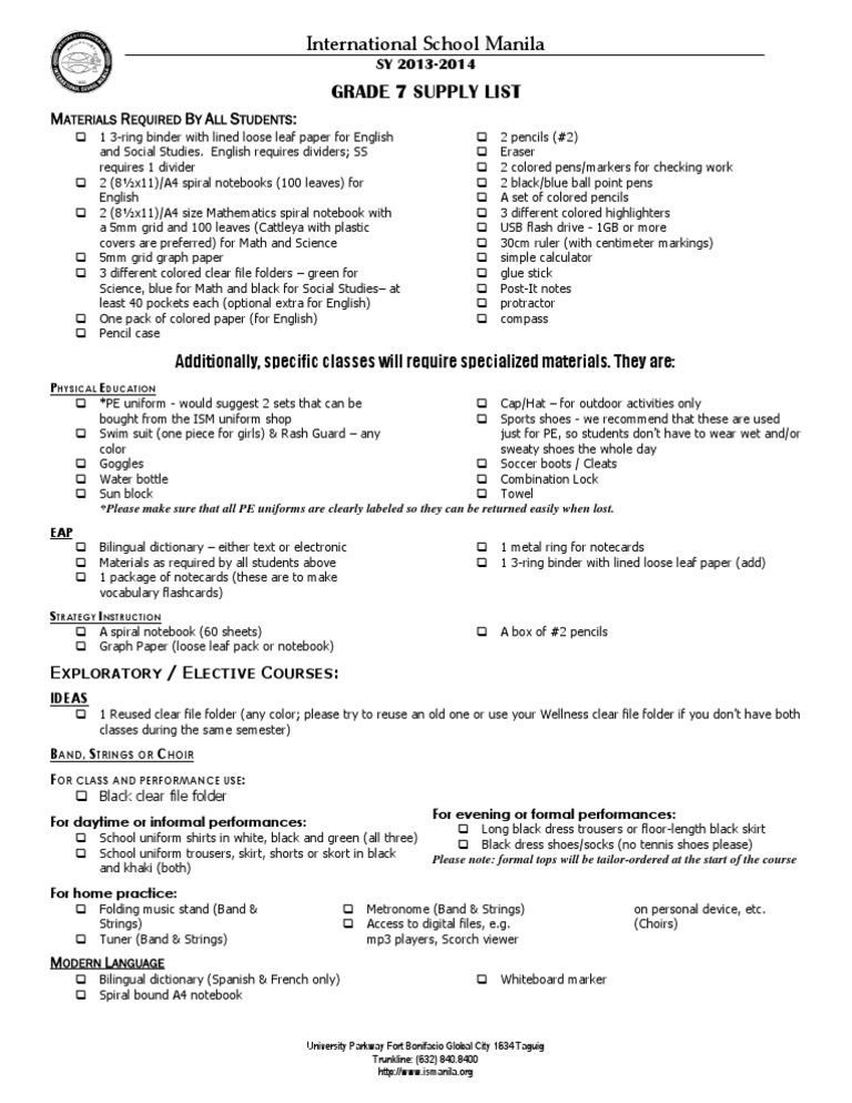 Grade 7 Supply List (SY1314) | Download Free PDF | Clothing