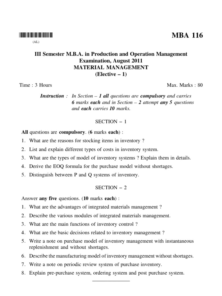 MBA 116 Question Paper | PDF