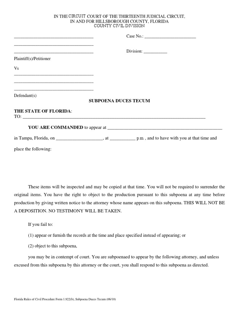 Subpoena Duces Tecum Requiring Production of Documents for a Civil Case ...