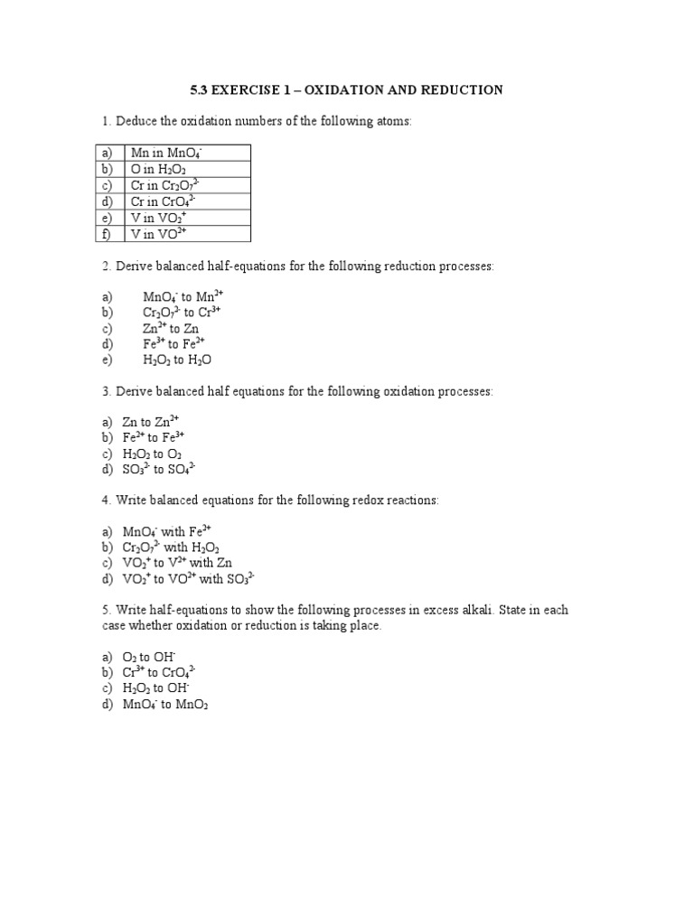 5.3 Exercise 1 - Oxidation Anoxidation and Reduction | PDF | Science ...