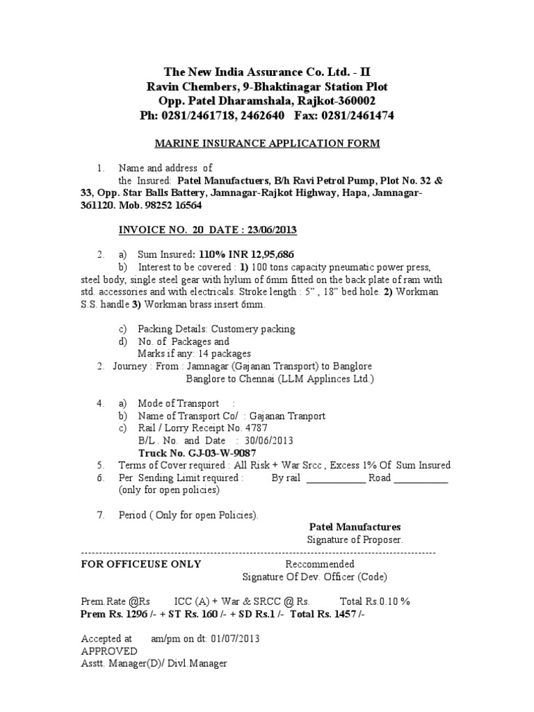 Marine Insurance Application Form | PDF | Business | Law