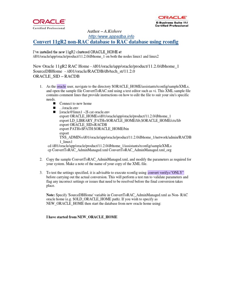 Convert 11gR2 Database To RAC Using Rconfig | PDF | Databases | Information Technology