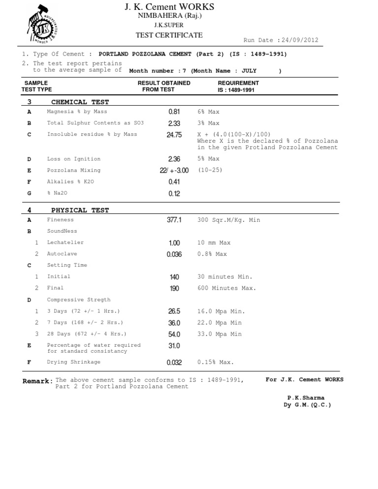 Certificate For Cement | PDF
