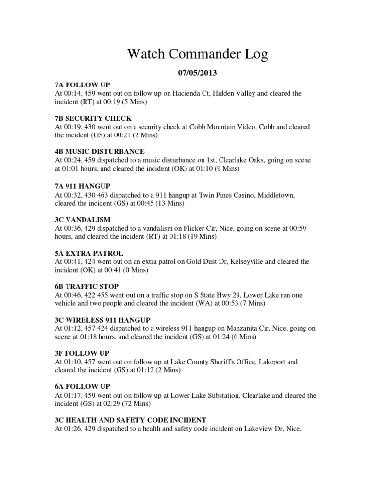 Lake County Watch Commander Log | PDF | Traffic | Road Transport