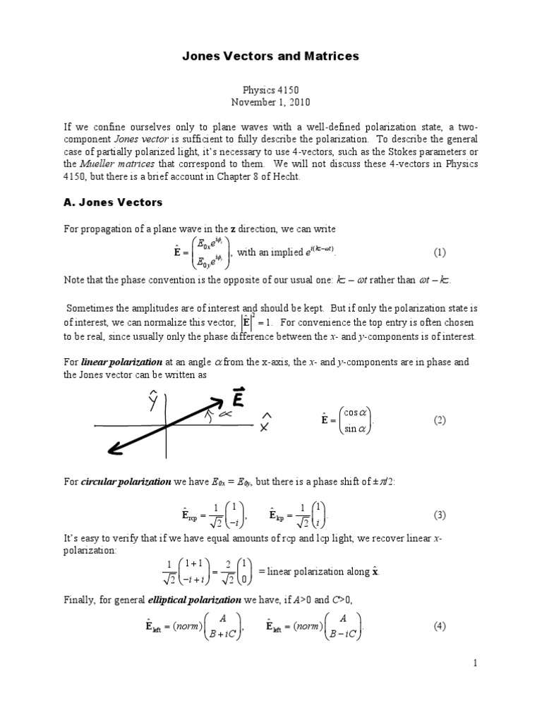 Jones Vectors and Matrices Overview | PDF | Polarization (Waves ...