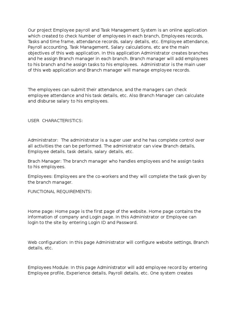 SRS Employee Payroll and Task Management System | PDF | Payroll | Websites