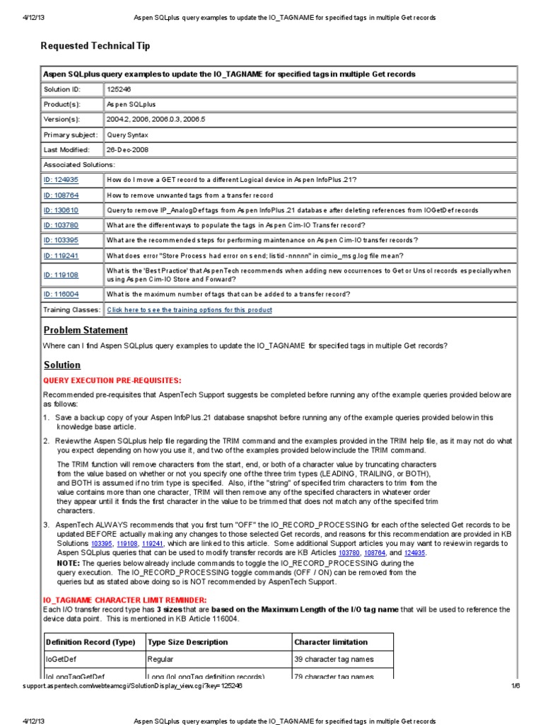 Aspen SQLplus Query Examples To Update The IO - TAGNAME For Specified Tags in Multiple Get ...