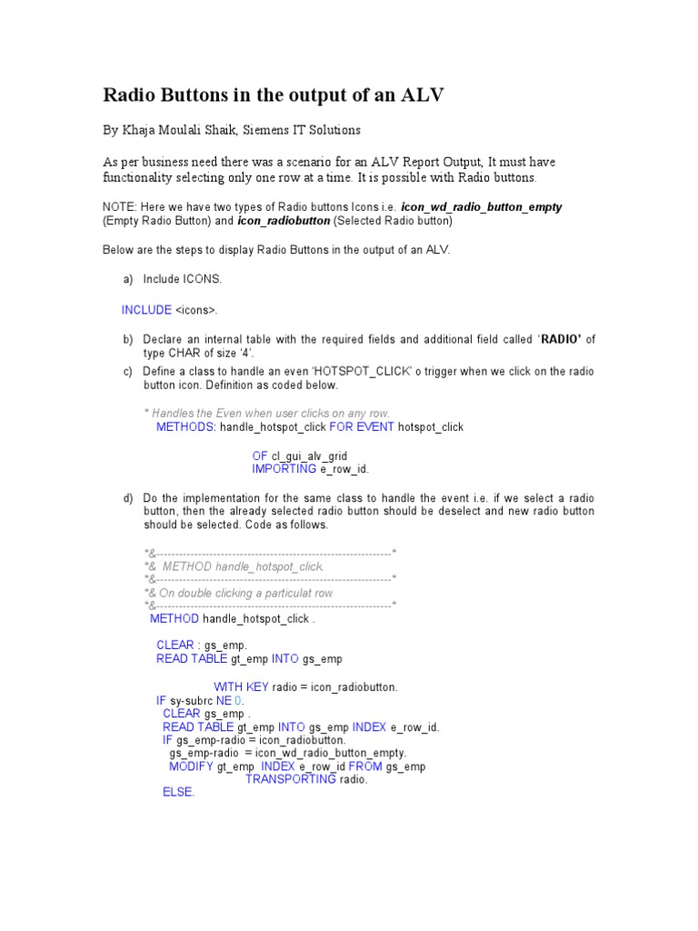 Sample Code of Radio Button in Alv Report | PDF | Database Index | Icon (Computing)