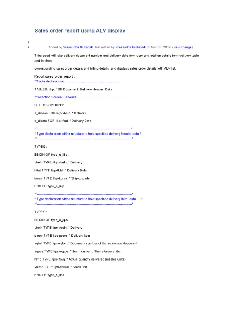 Sales Order Report Using ALV Display | PDF | Parameter (Computer Programming) | Software Engineering