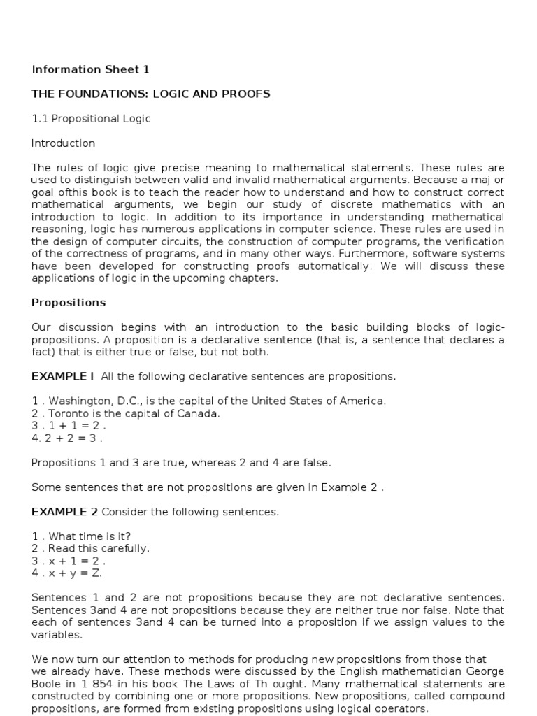 Information Sheet 1 The Foundations: Logic and Proofs | PDF | Theorem | Logic