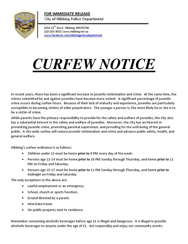 Curfew Notice: City of Hibbing Police Department