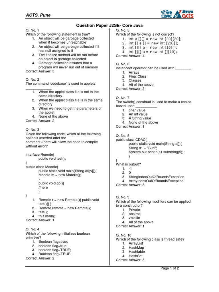ACTS, Pune: Question Paper J2SE-Core Java | PDF | Java (Programming ...