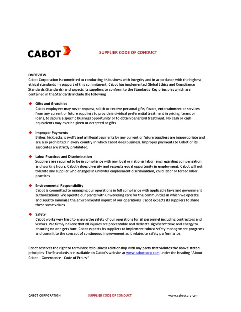 Cabot Supplier Code of Conduct - English 280313 | PDF | Supply Chain ...