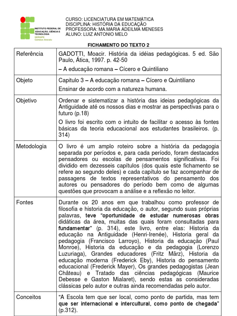 Fichamento Texto 2 | PDF | Pedagogia | Cícero