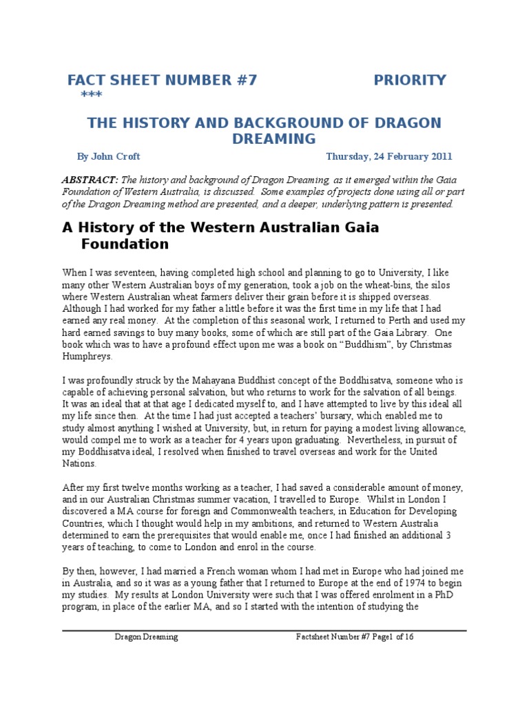 Fact Sheet Number #7 The History of Dragon Dreaming - The Beginnings ...