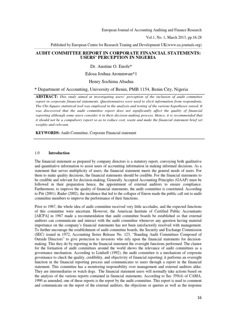 Audit Committee Report in Corporate Financial Statements | PDF | Audit ...