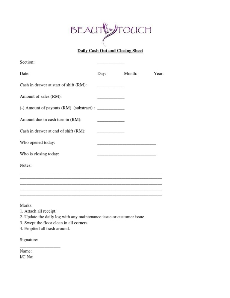Daily Cash Out Closing Sheet Template | PDF