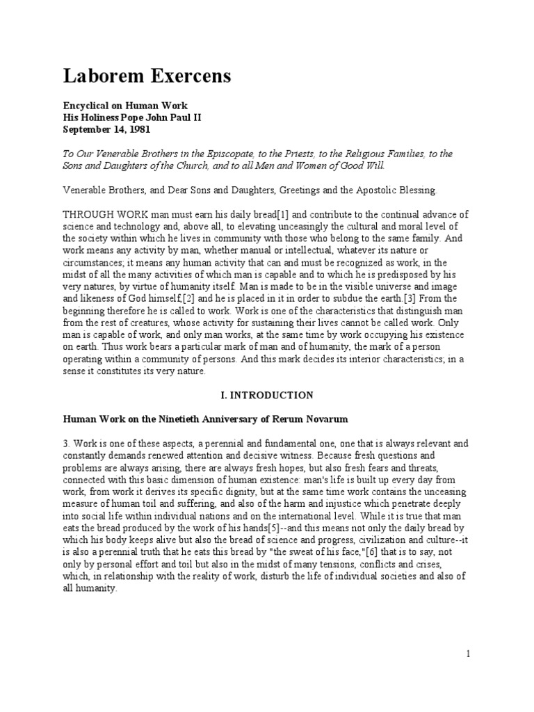 Laborem Exercens: Encyclical On Human Work His Holiness Pope John Paul ...